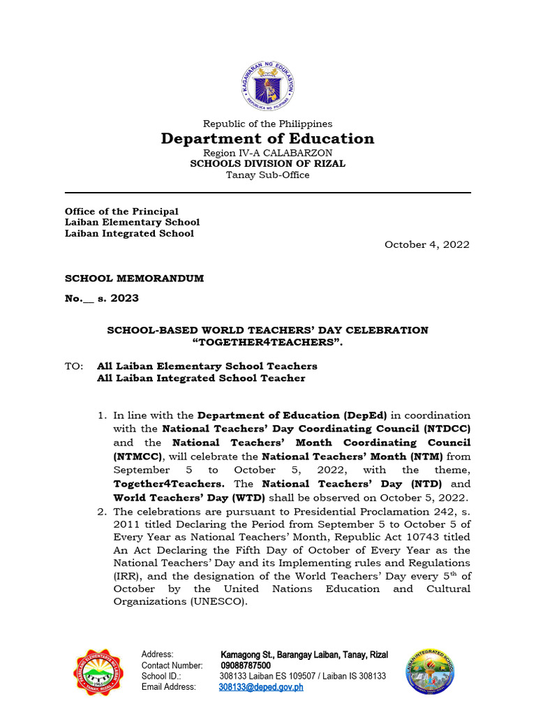 School Memorandum On School-Based WTD Celebration 2023 | PDF | Email | Information Science