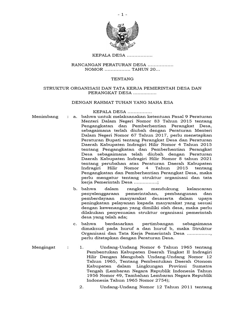 Contoh Draft Perdes SOTK Desa | PDF