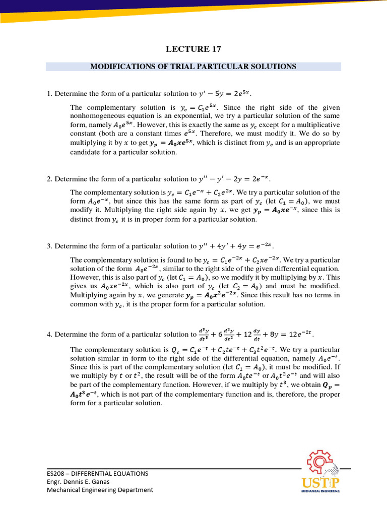 IM DE Chapter 4 Lect 17 MODIFICATIONS OF TRIAL PARTICULAR SOLUTIONS | PDF | Ordinary ...