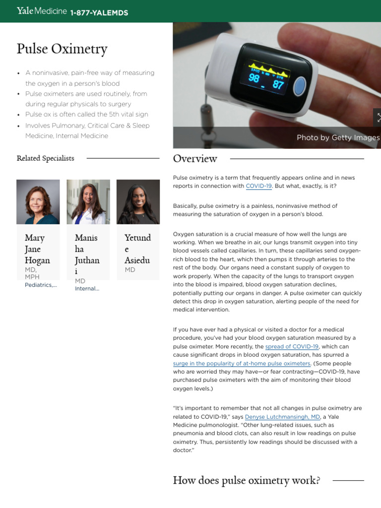 Pulse Oximetry - Fact Sheets - Yale Medicine | Download Free PDF ...
