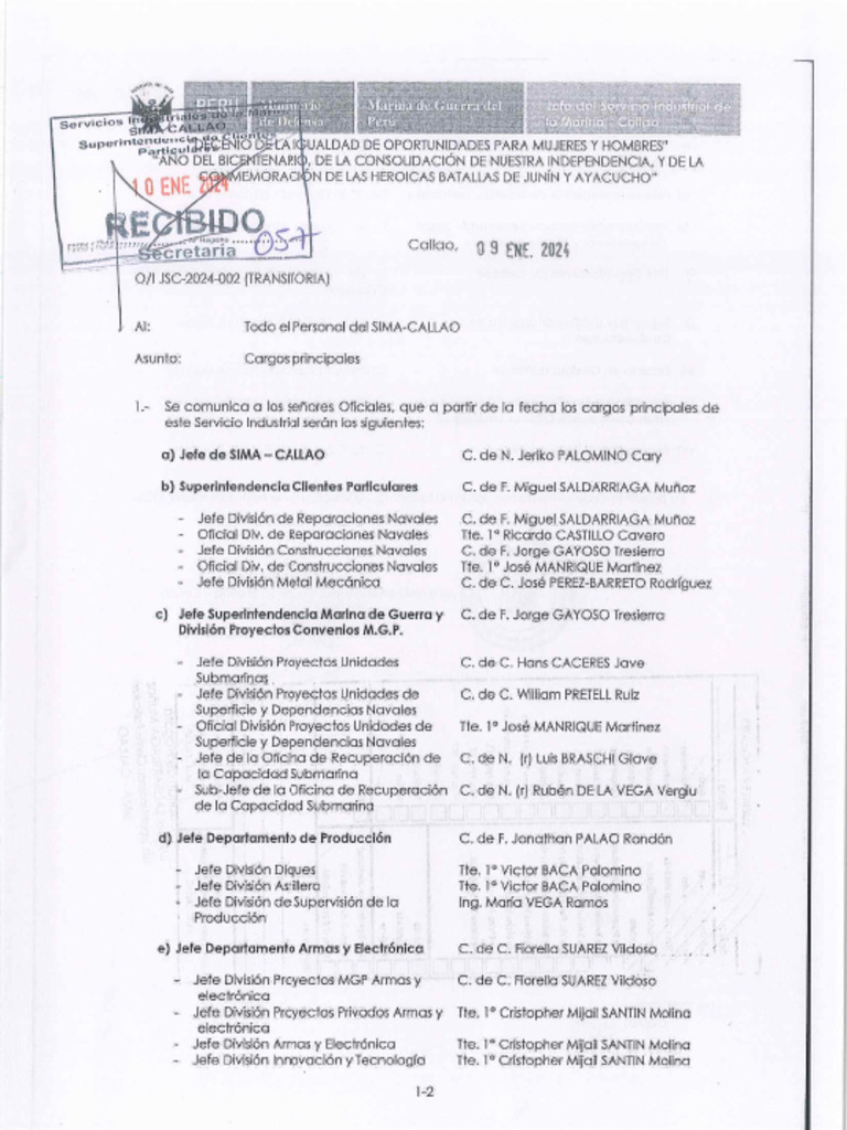 2024 Oi-Jsc-2024-002 - Transitoria - 09 Ene - Cargos Principales JSC | PDF