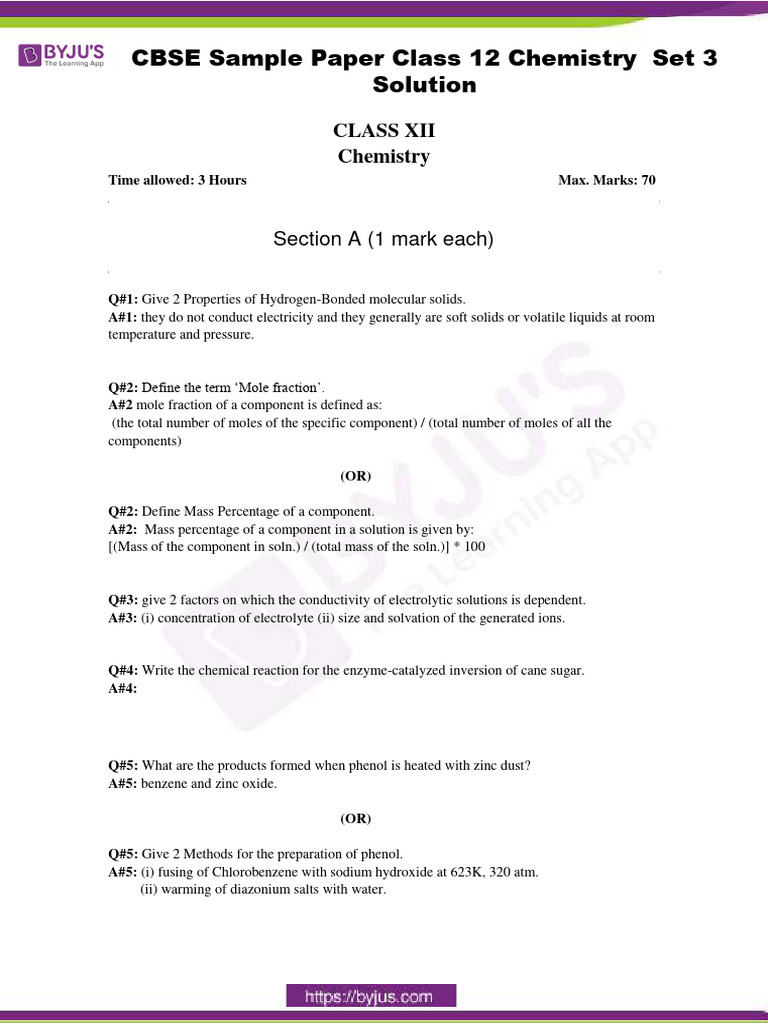 CBSE Class 12 Chemistry Sample Paper Solution Set 3 | PDF | Nitric Acid ...