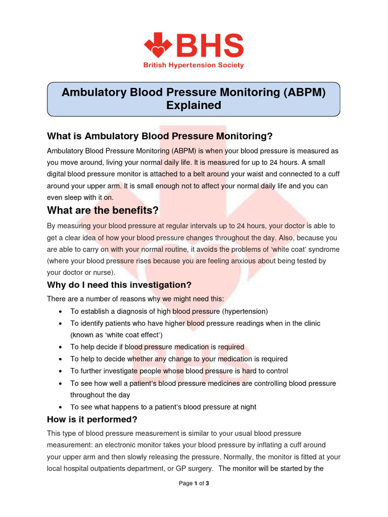ABPM Explained - Patient Leaflet | PDF | Hypertension | Clinical Medicine