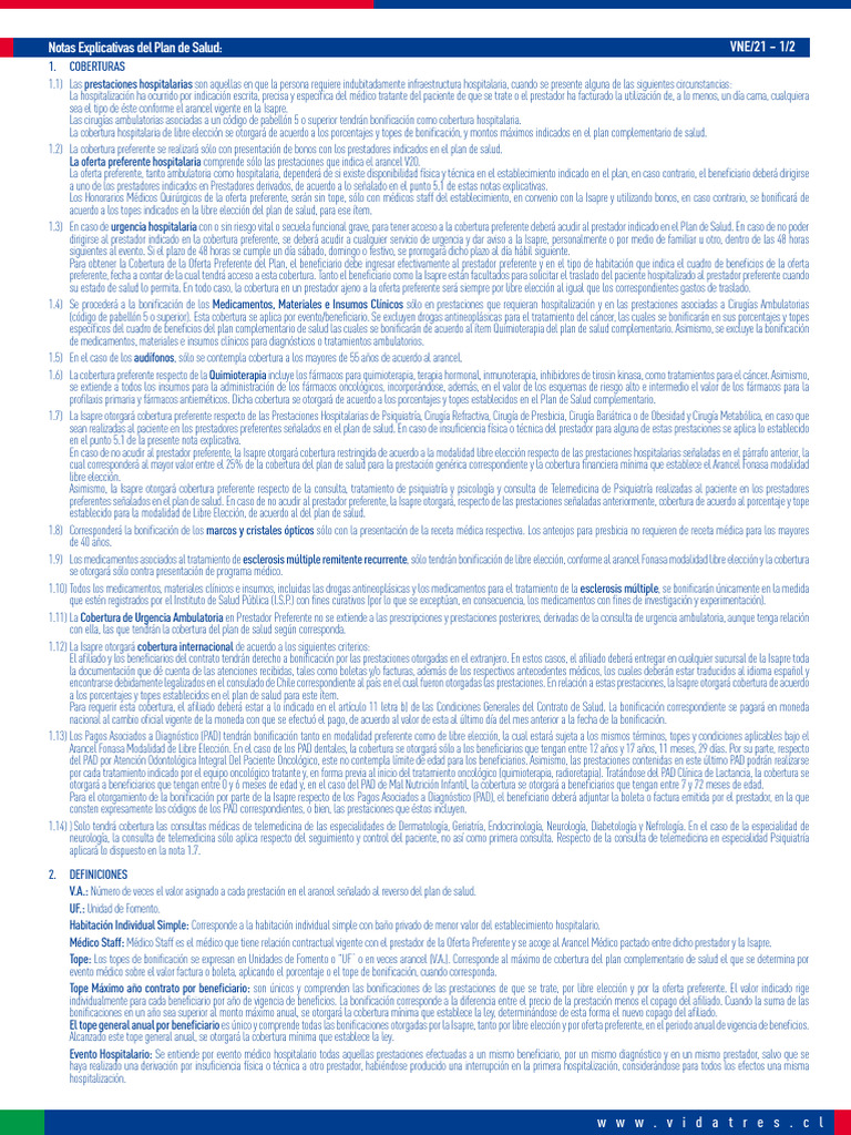 Notas Explicativas Del Plan de Salud: VNE/21 - 1/2: WWW - Vidatres.cl WWW - Vidatres.cl | PDF ...