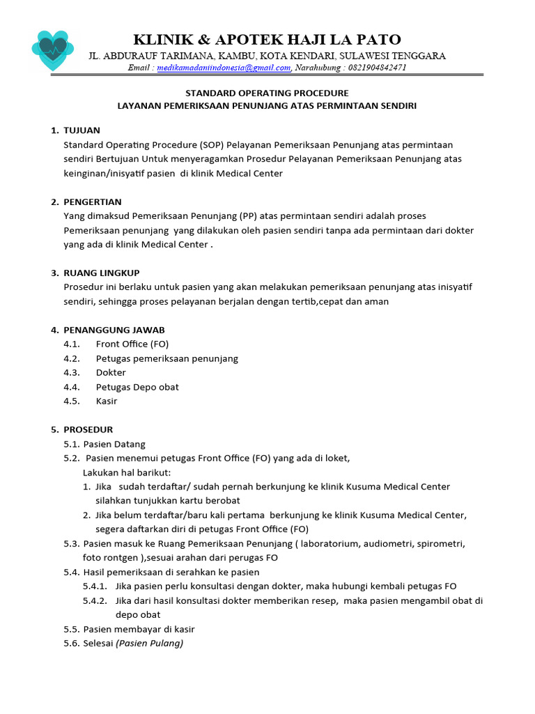 Sop Layanan Pemeriksaan Penunjang (PP) Atas Permintaan Sendiri (Aps) | PDF