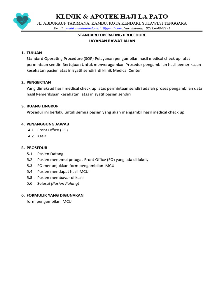 2.sop Pengambilan Hasil Medical Check Up (Aps) | PDF