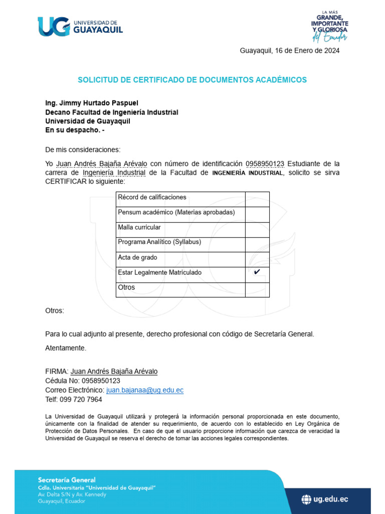 1 Solicitud de Certificado de Documentos Académicos - Ug | PDF