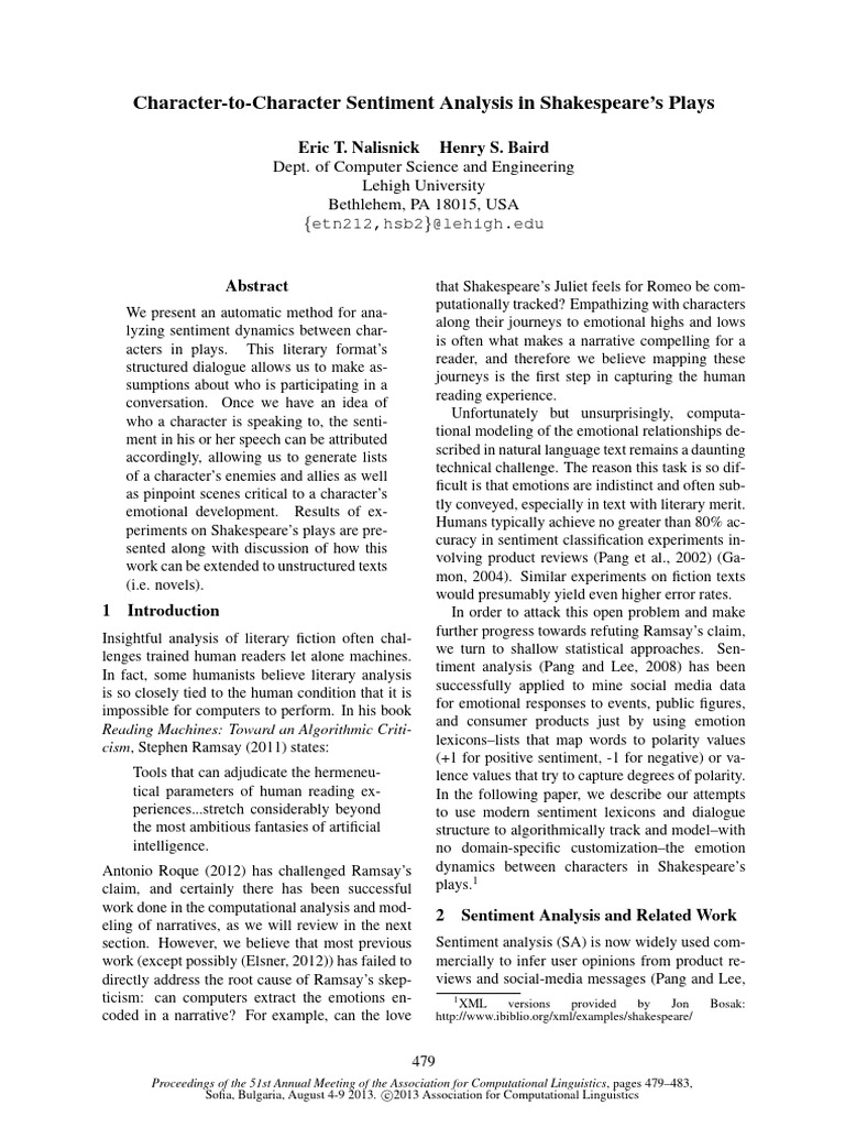 Character-to-Character Sentiment Analysis in Shakespeare's Plays | PDF