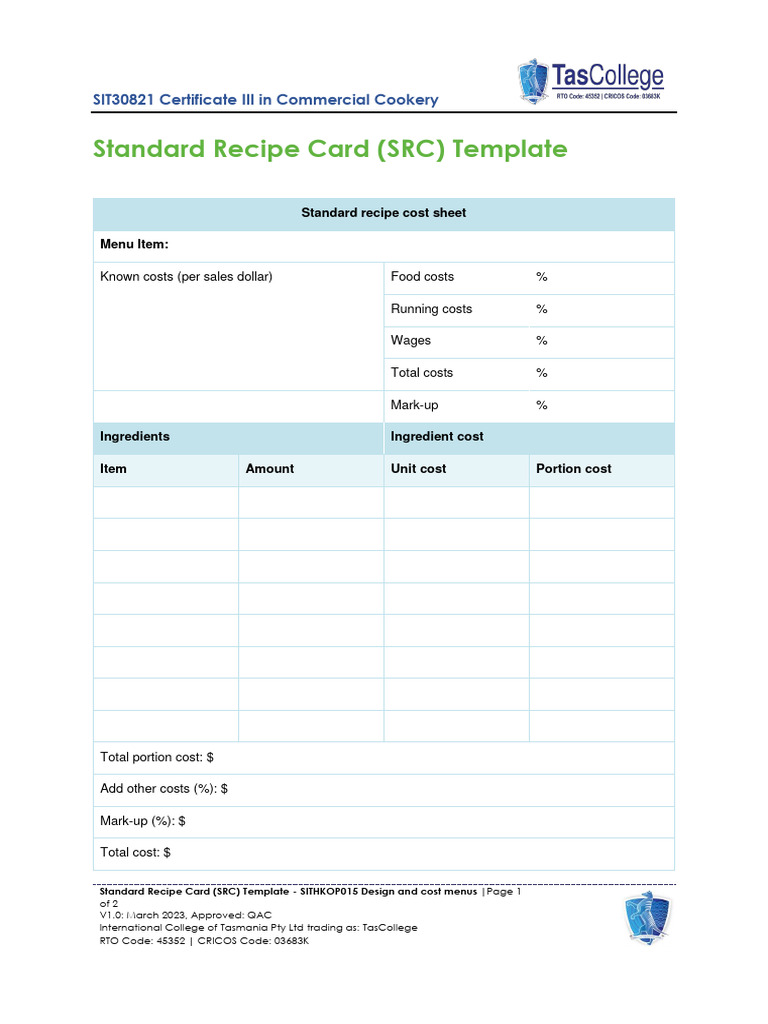 SIT30821 - SITHKOP015 - V1.0 - Standard Recipe Card SRC Template.v1.0 ...