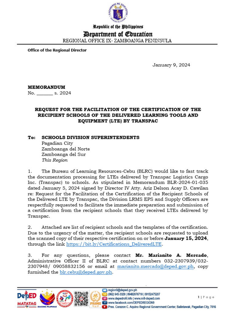Memo - Request For Facilitation of The Certification | PDF | Service Industries