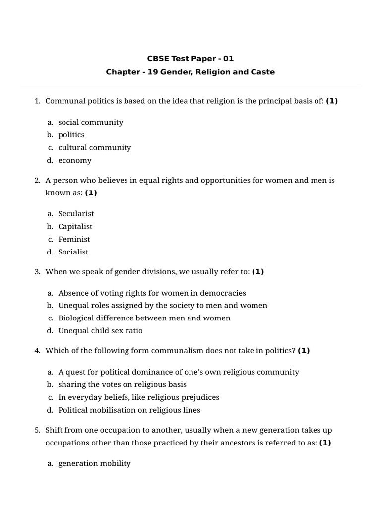 Gender Religion and Caste Test Paper 01 | PDF | Patriarchy | Gender