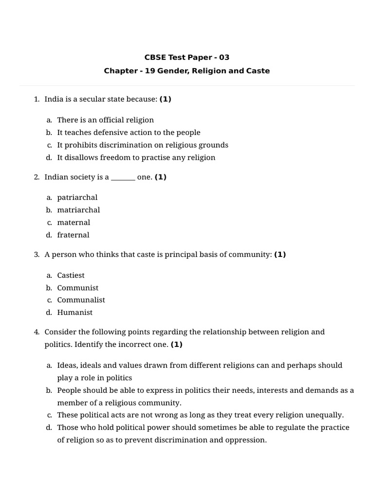Gender Religion and Caste Test Paper 03 | PDF | Caste | Elections