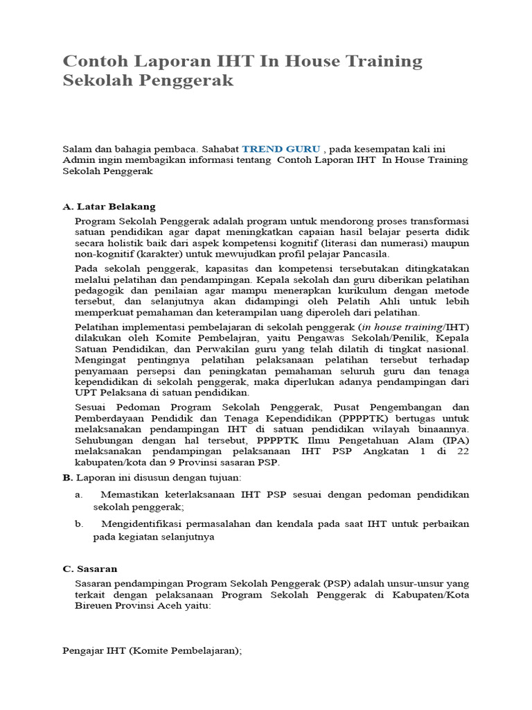 Laporan IHT Sekolah Penggerak | PDF