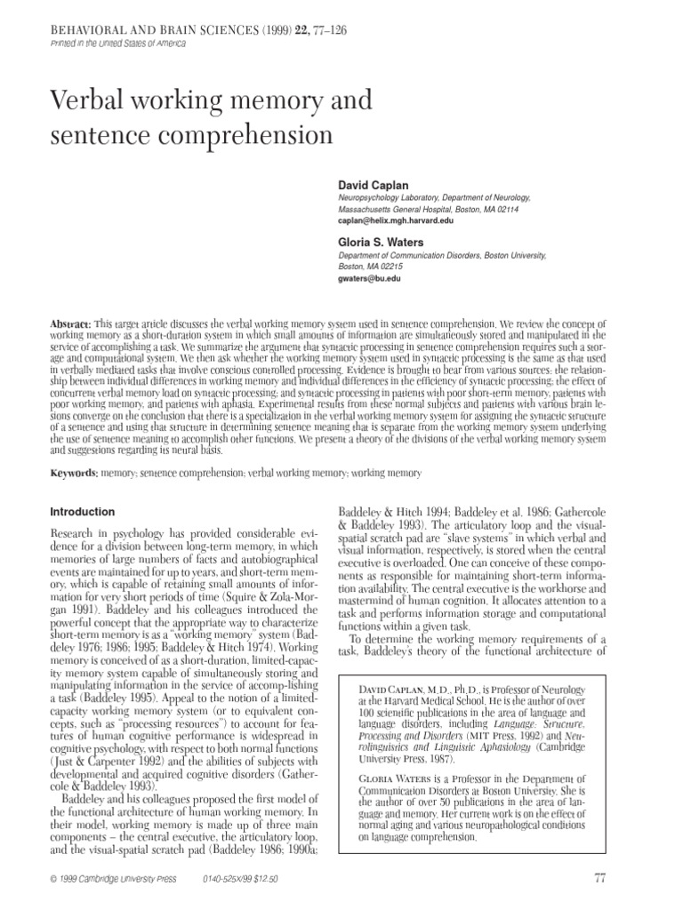 1999 - Caplan - Verbal Working Memory and Sentence Comprehension | PDF | Working Memory | Memory