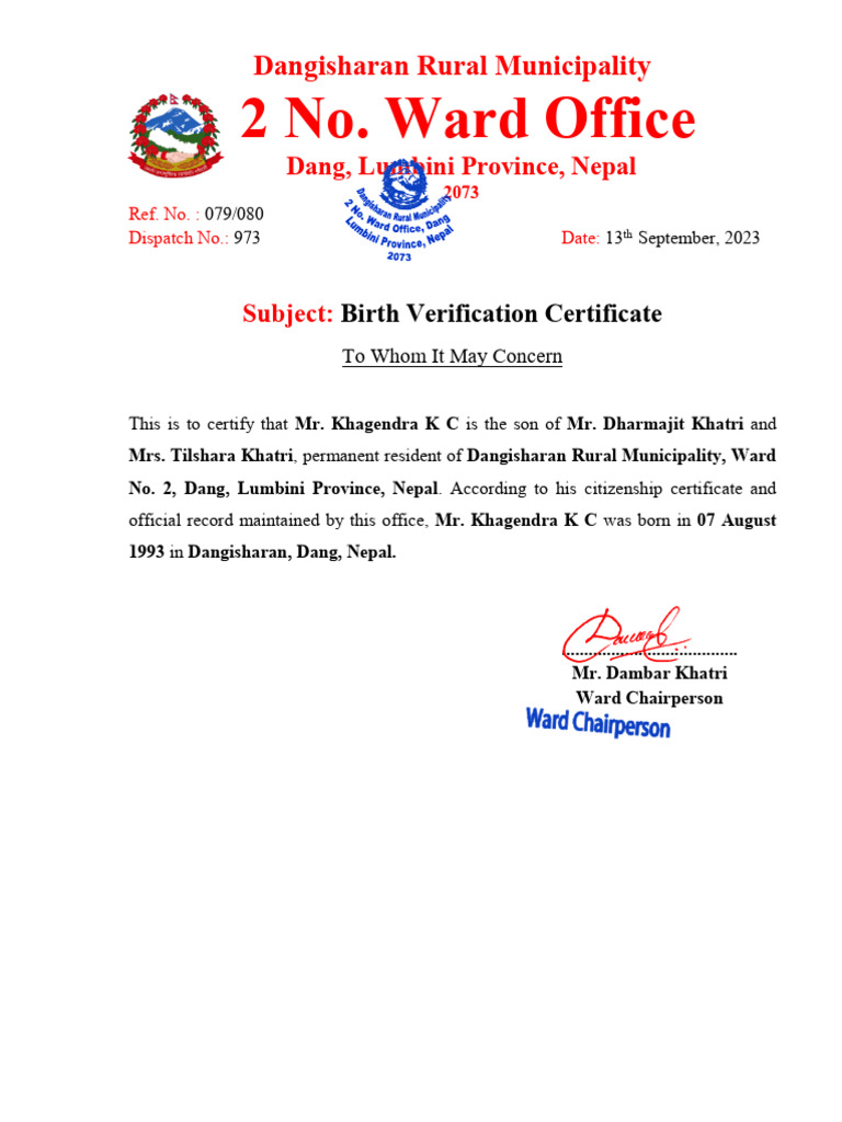 Birth Verification Certificate for Khagendra K C | PDF