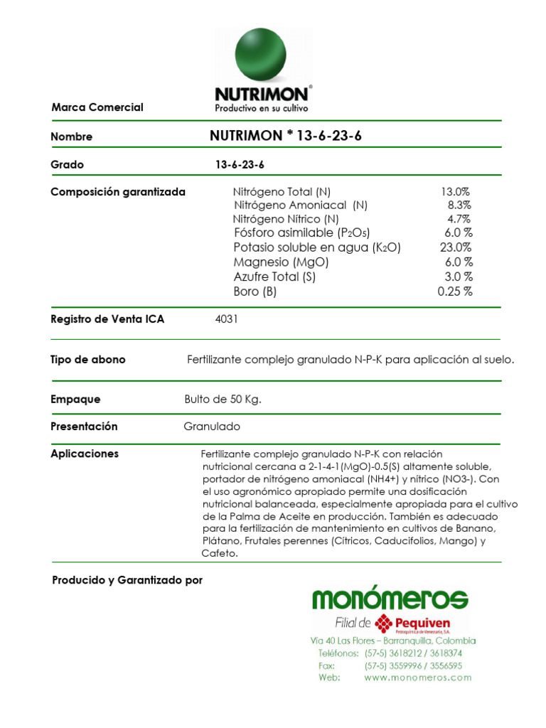Fertilizante NUTRIMON 13-6-23-6 para Cultivos | PDF