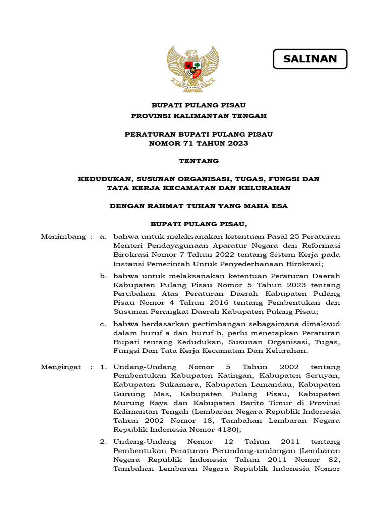 SALINAN PERBUP NOMOR 71 TAHUN 2023 SOTK Kecamatan Dan Kelurahan | PDF