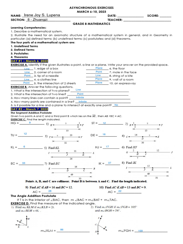 Asynchronous Exercises Grade 8 Mathematics Sir Timbreza | PDF | Line (Geometry) | Mathematics