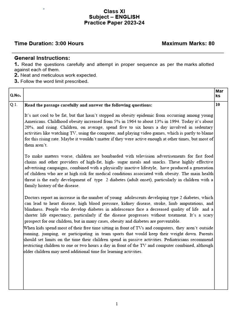XI -Practice Paper 2023 | PDF | Tutankhamun | Obesity