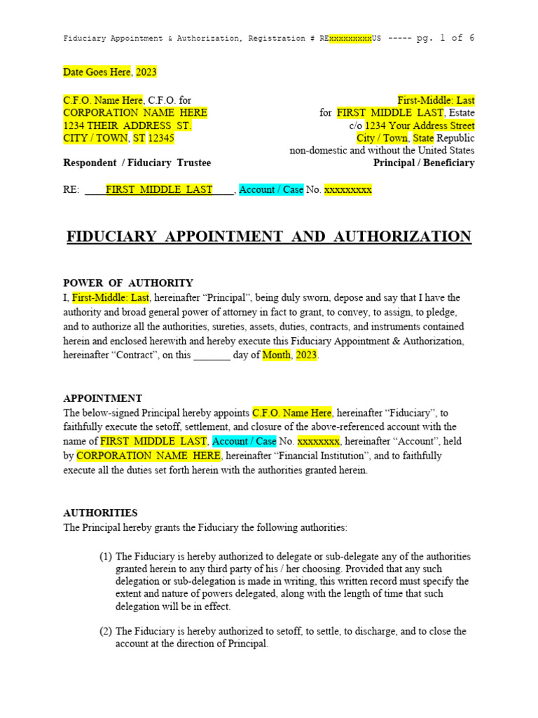 Fiduciary Appointment & Authority Document | PDF | Fiduciary | Surety