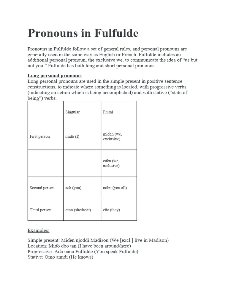 Pronoun in Fulfulde | PDF | Grammatical Number | Plural