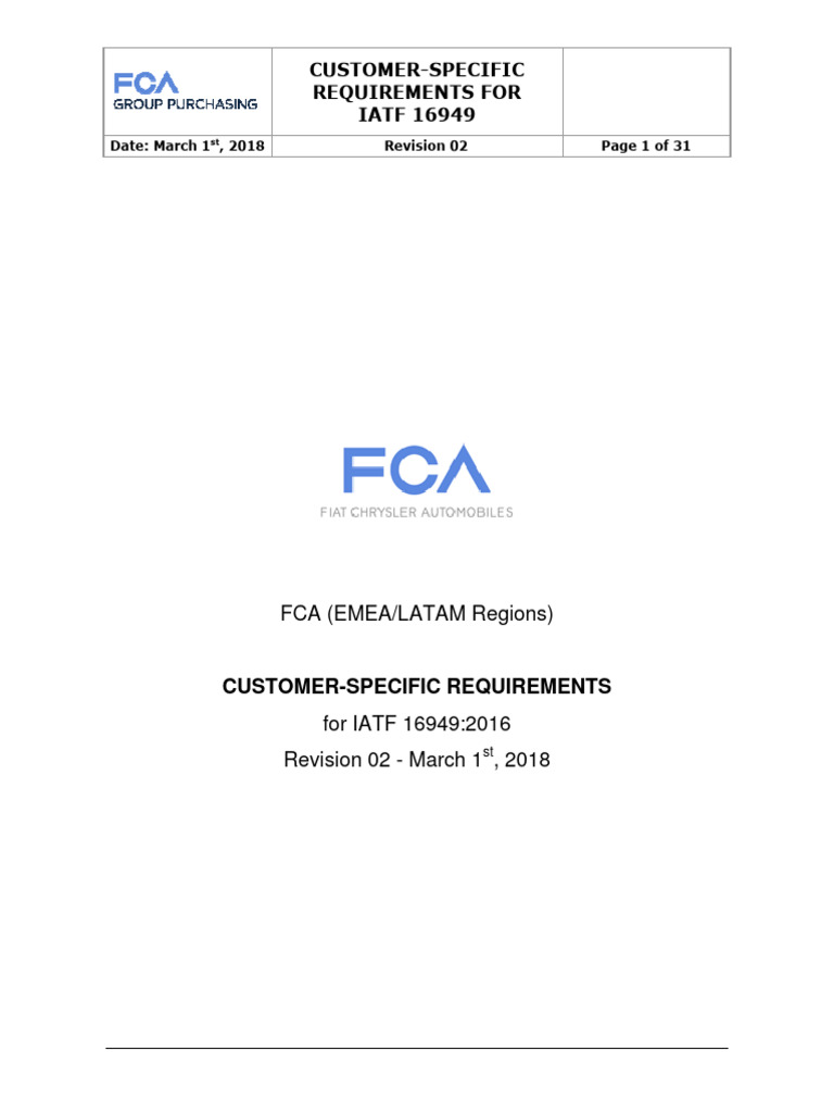 FCA Customer-Specific IATF 16949 Requirements | PDF | Quality ...