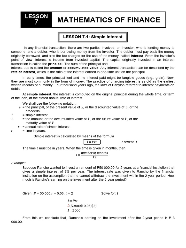 Lesson 7. Mathematics of Finance | PDF | Interest | Debt