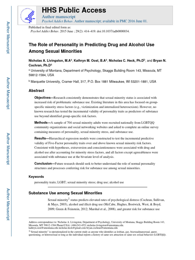 The Role of Personality in Predicting Drug and Alcohol Use Among Sexual Minorities | PDF ...