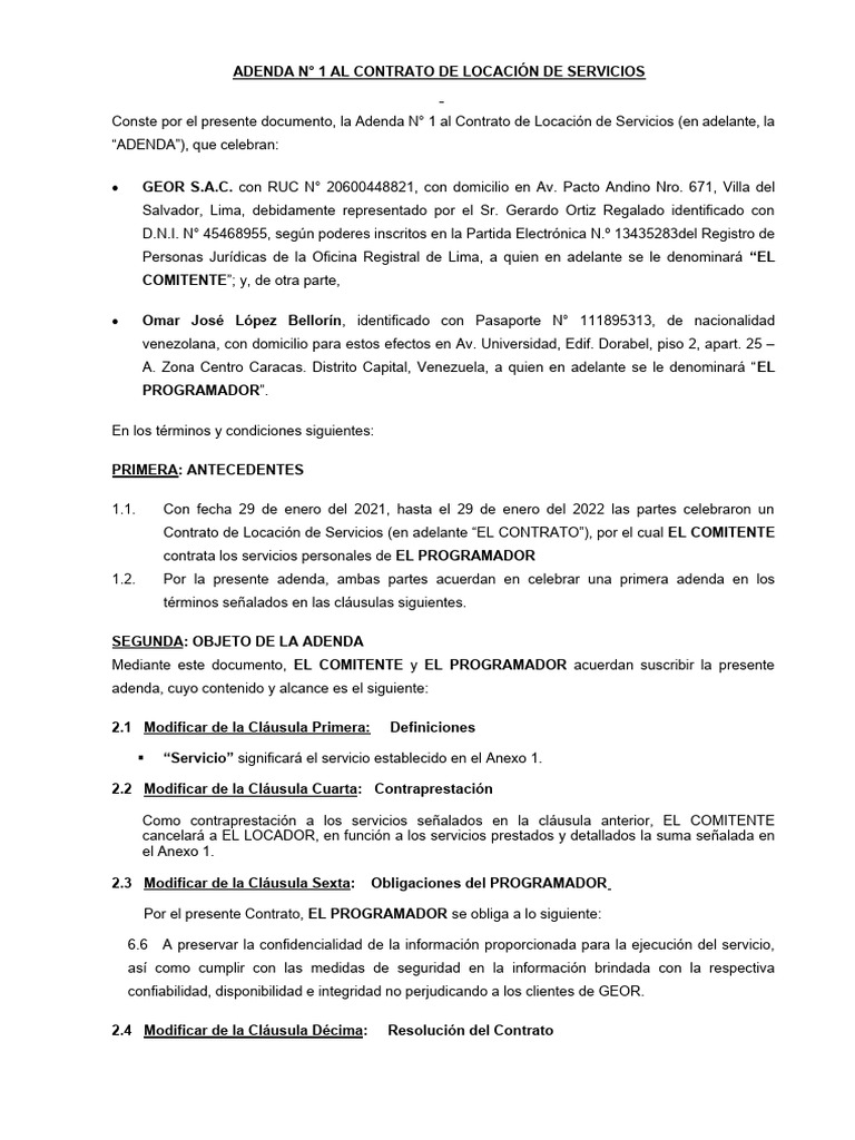Adenda Contrato Locación Servicios GEOR | PDF