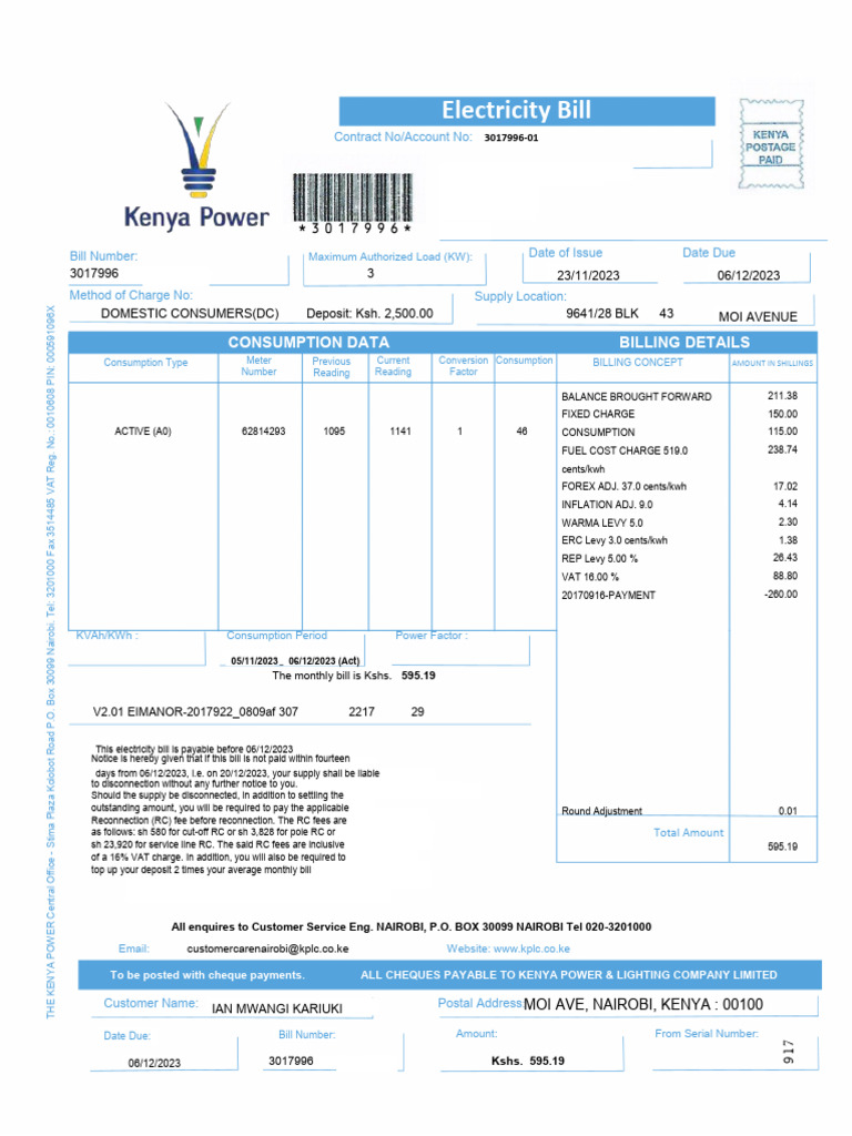 Kenya Electricity Bill Summary 2023 | PDF | Value Added Tax | Cheque