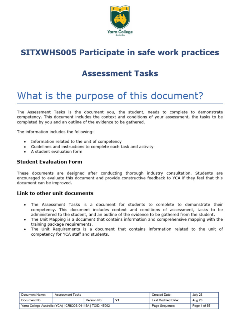 SITXWHS005 Assessment Tasks | PDF