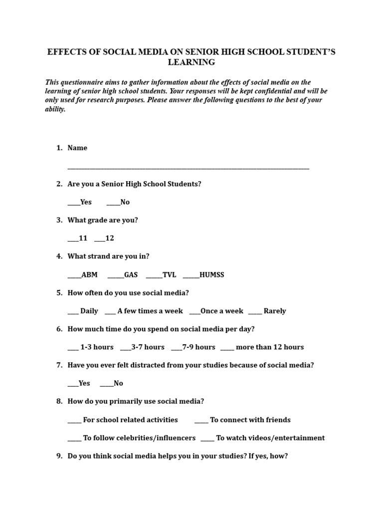 Survey of Effects of Social Media On Senior High School Student | PDF