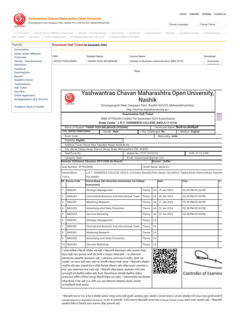Yashwantrao Chavan Maharashtra Open University hall ticket | PDF ...