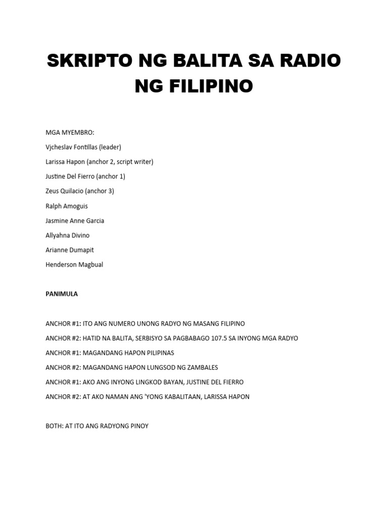 Skripto NG Balita Sa Radio NG Filipino | PDF