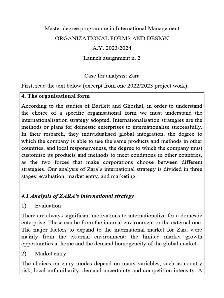 Assignment 2 - The Case of Zara Text and Instructions | PDF
