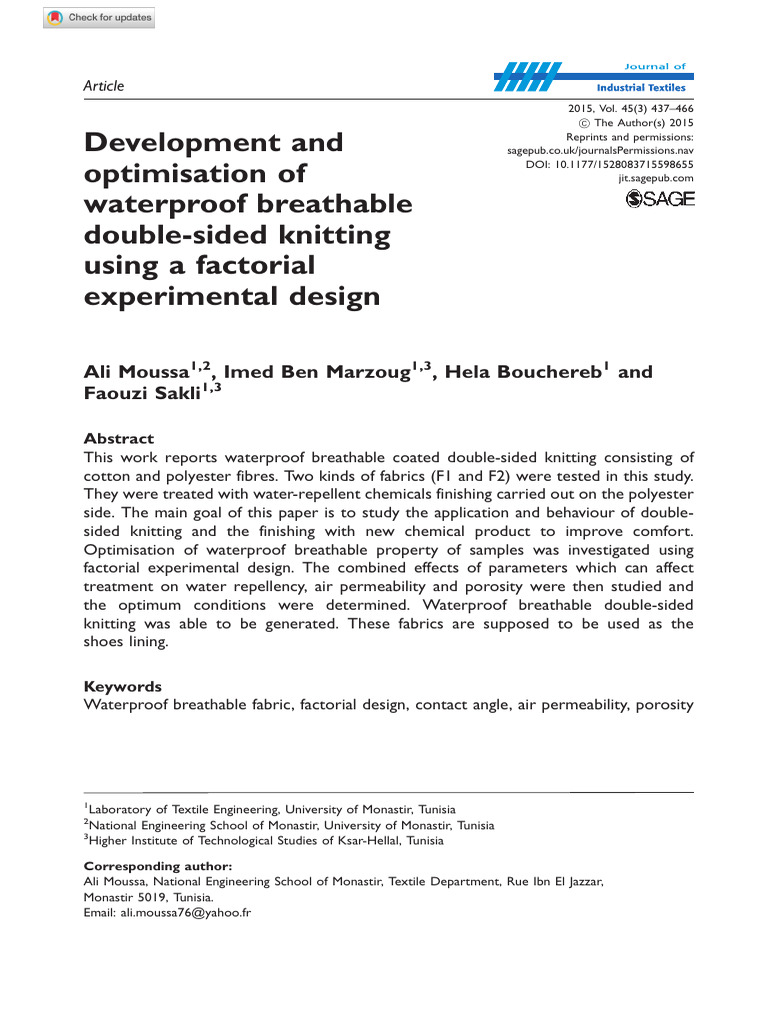 Moussa Et Al 2015 Development and Optimisation of Waterproof Breathable Double Sided Knitting ...
