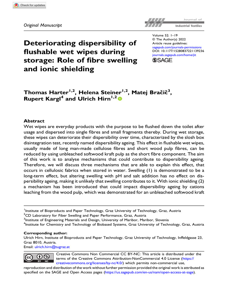 Harter Et Al 2022 Deteriorating Dispersibility of Flushable Wet Wipes ...