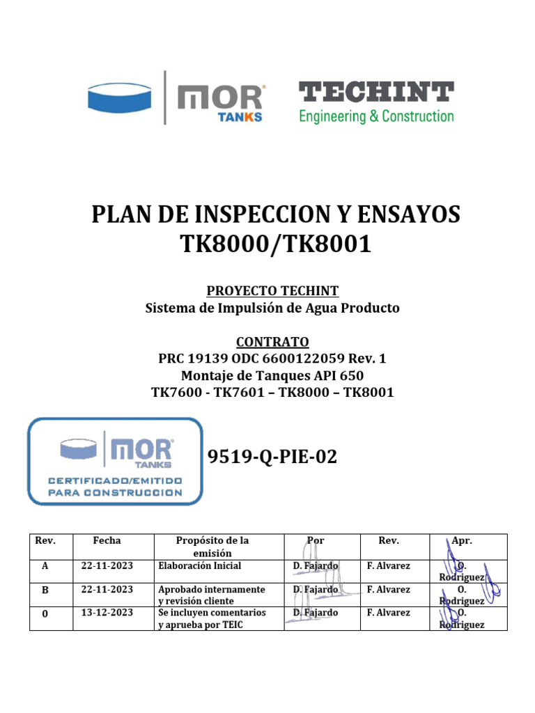 9519-Q-PIE-02 REV.0 - Plan de Inspeccion y Ensayos TK8000 TK8001 | PDF | Calibración ...