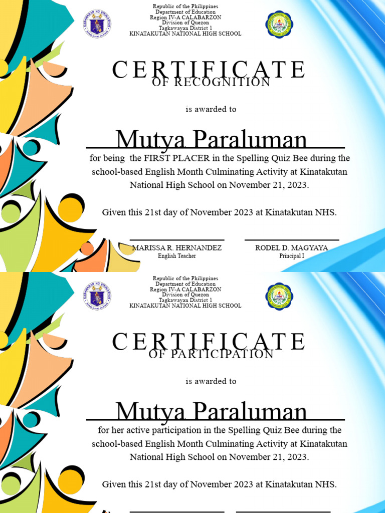 Spelling Quiz Bee Recognition Certificate | PDF