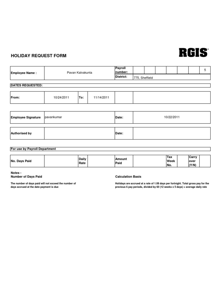 Holiday Request Form | PDF | Finance & Money Management