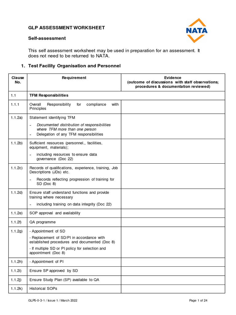 GLP Assessment Worksheet | PDF | Verification And Validation | Audit