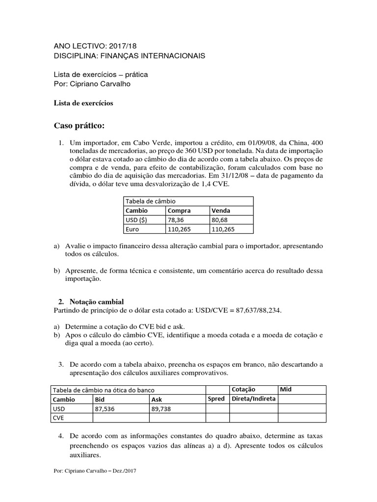 Lista de Execícios - Pratico - FI | PDF | Taxa de câmbio | Juros