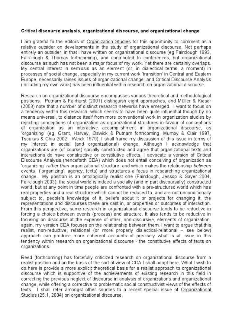 Fairclough, N. "Critical Discourse Analysis, Organizational Discourse ...