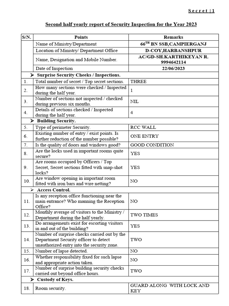 Security Inspection Report 2023 | PDF | Classified Information | Shorthand