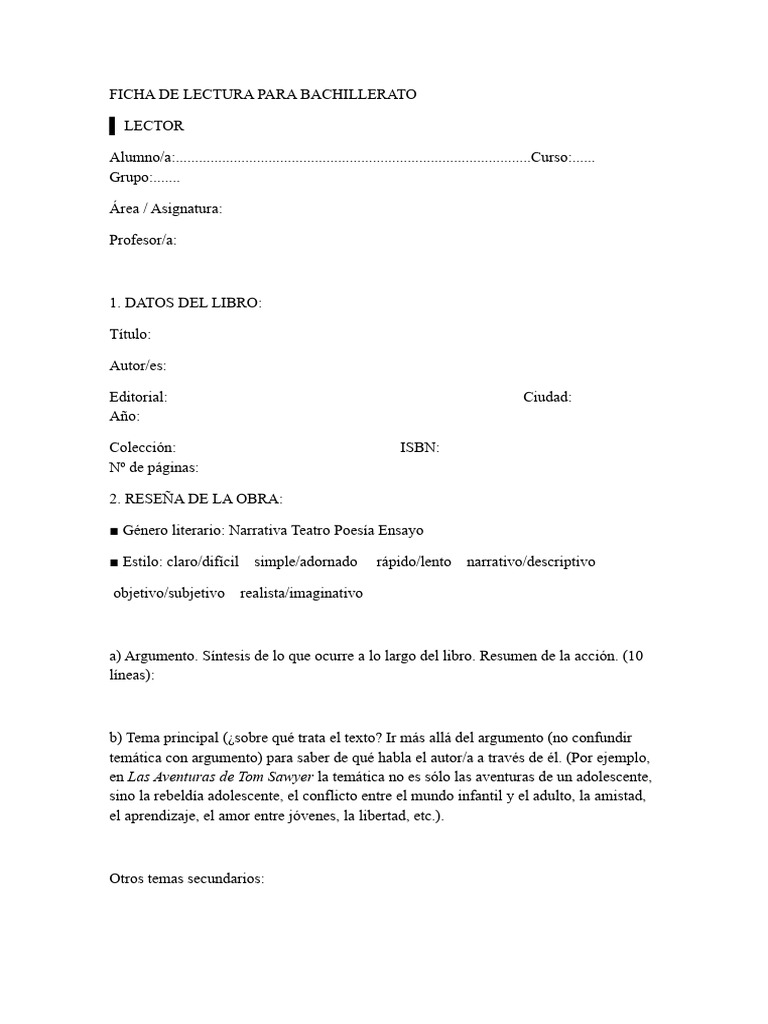 Ficha de Lectura para Bachillerato | PDF | Narración | Novelas