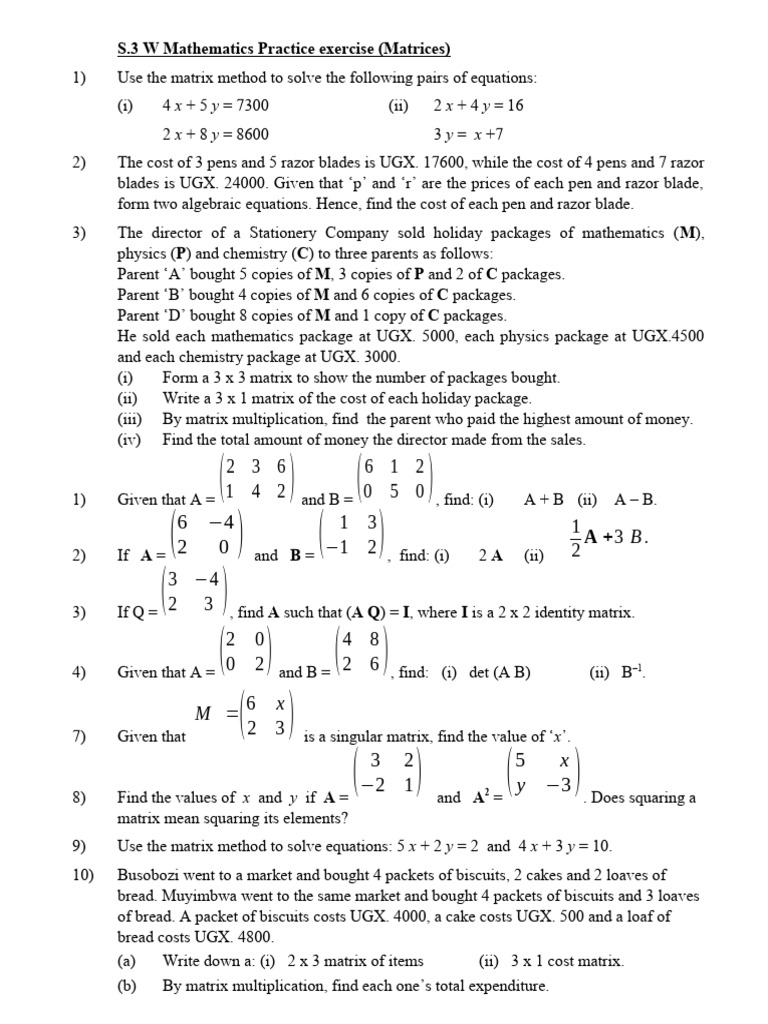 Matrices, Exercise-Frid 6th, Oct, 2023 | PDF | Matrix (Mathematics) | Equations
