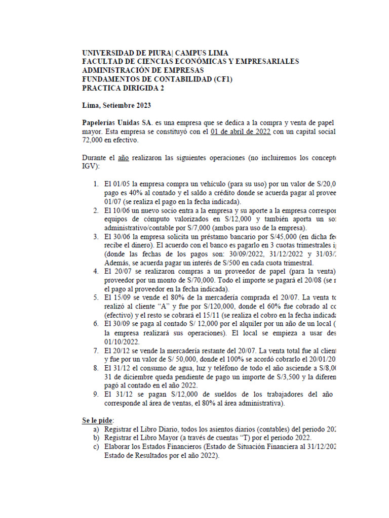 Práctica Dirigida N°2 - Enunciado y Solución | PDF | Corporaciones | Contabilidad