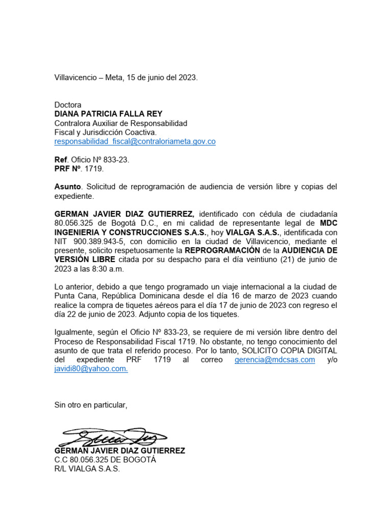 Oficio Solicitud Reprogramación Audiencia Versión Libre | PDF