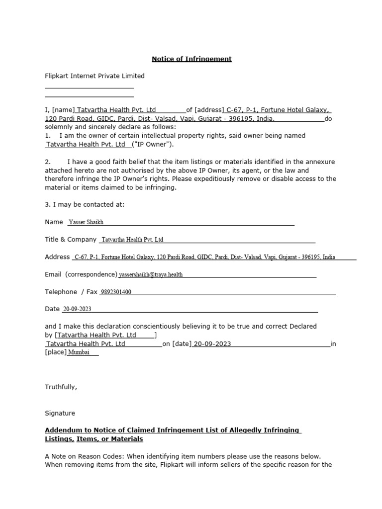 Infringement Form | PDF | Trademark | Copyright