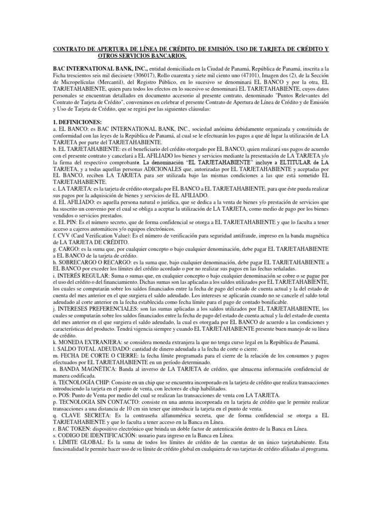 Contrato de Crédito y Tarjeta BAC | PDF | Tarjeta de crédito | Bancos